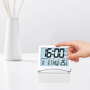 Betus Digital Travel Alarm Clock with White Backlight - Foldable Calendar Temperature Timer LCD Clock with Snooze Mode - Large Number Display, Battery Operated - Compact Desk Clock for All Ages