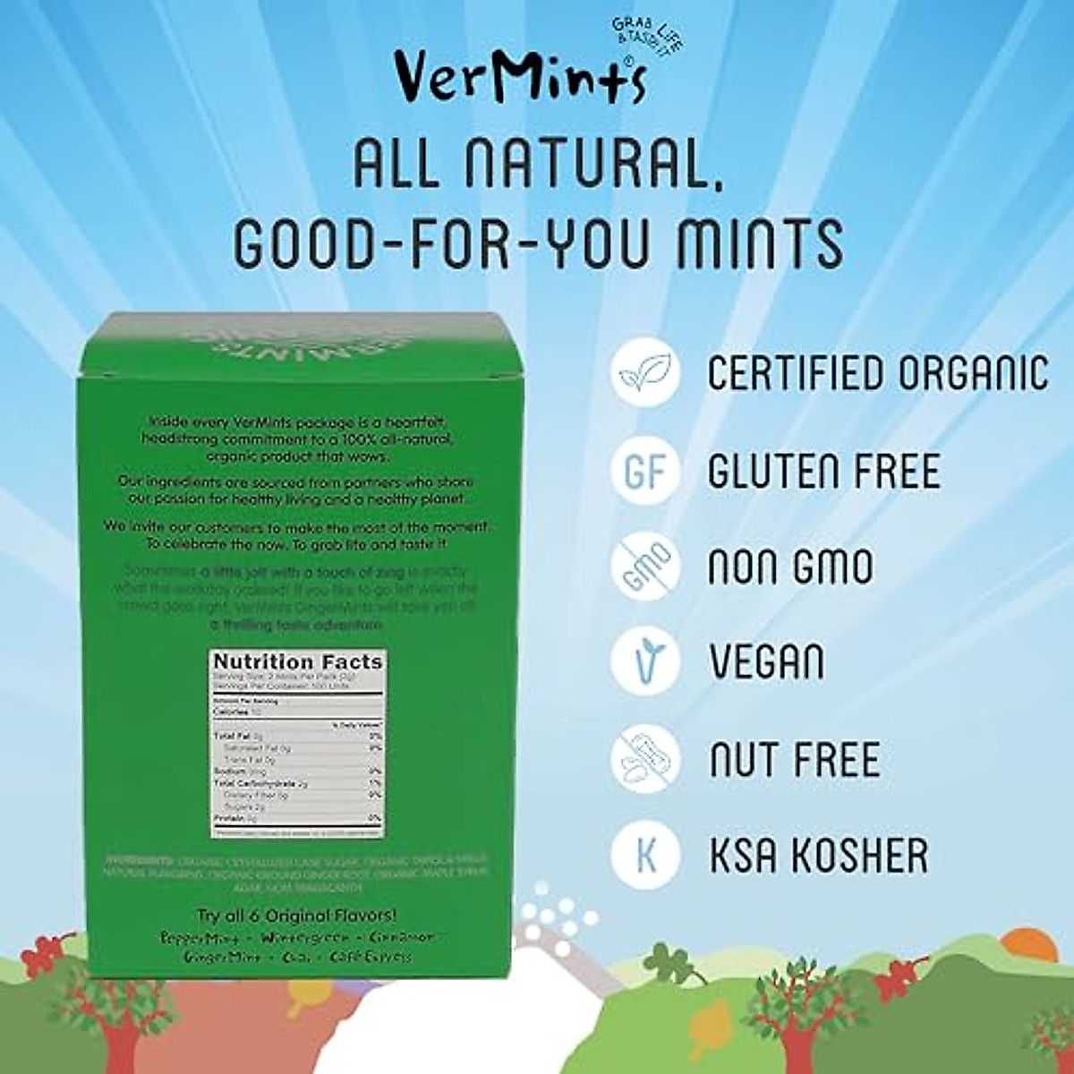 VerMints | Organic | Wintergreen | Breath Mints | 2 pack Individial |100 Count |Trial Size | Breath Mints | Gluten Free | NonGMO | Kosher | Vegan | Nut free