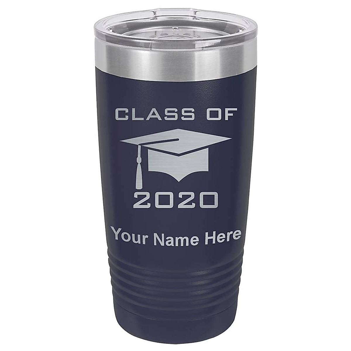 LaserGram 20oz Vacuum Insulated Tumbler Mug, Grad Cap Class of 2023, 2024, 2025, 2026, 2027, Personalized Engraving Included (Navy Blue)