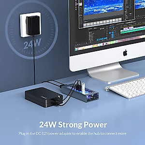 ORICO USB Hub 3.0 Powered 7 Ports USB Data Hub with 12V2A Power Adapter, Individual Power Switches, and LEDs, USB Extension for iMac Pro, MacBook Air/Mini, PS4, Surface Pro, Notebook PC, Laptop, HDD