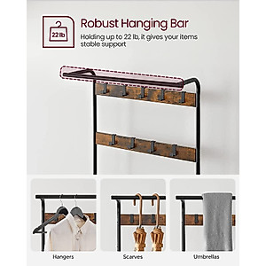 VASAGLE Coat Rack, Hall Tree with Shoe Bench for Entryway, Entryway Bench with Coat Rack, 4-in-1, with 9 Removable Hooks, a Hanging Rod, 13.3 x 28.3 x 72.1 Inches, Rustic Brown and Black UHSR40B