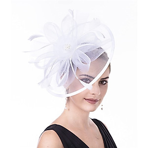 Fascinator Women's Organza Church Kentucky Derby British Bridal Tea Party Wedding Hat Summer Ruffle Hat(Hj6-White)