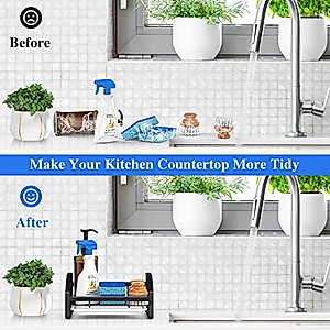 MEYONER Sink Caddy, Sponge Holder for Kitchen Sink, Sink Accessories, Dish Soap Holder Caddy for Countertop, 304 Stainless Steel with Removable Drain Pan for Sponge, Brush, Dish Soap Bottles(Black)