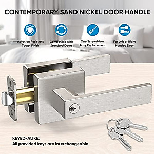 TICONN Door Handle Heavy Duty, Reversible Square Door Lever for Bedroom, Bathroom and Rooms (Satin Nickel, Keyed Entry - Keyed Alike)