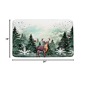 UOZXOML Winter Snowy Forest Bath Mat Pine Tree Deer Snowflake Red Bird Xmas Christmas Holiday Rustic Bathroom Rug Microfiber Memory Foam Non Slip Shower Mat Kitchen Bath Floor Rugs, 16x24 Inch