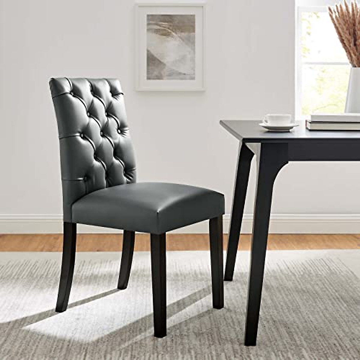 Modway Duchess Modern Tufted Button Faux Leather Upholstered Parsons Two Dining Chairs in Gray
