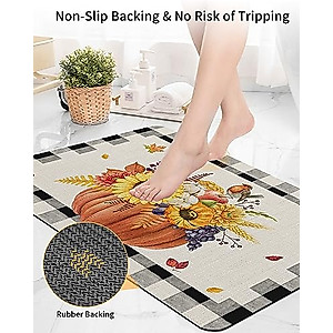 Bathroom Floor Shower Mat, Non-Slip Small Rugs - Easy to Clean, Thanksgiving Pumpkin Sunflower Maple Leaf Durable Bath Rug 16"x24" Washable Quick Dry Diatomaceous Earth Mats for Bathtubs