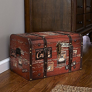 Household Essentials 9245-1 Medium Decorative Home Storage Trunk - Luggage Style - Coffee Shop Design , Orange