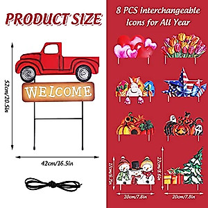 Whaline 4th of July Metal Yard Stakes Patriotic Yard Sign Spring Welcome Garden Stake Interchangeable Red Truck Garden Decor Set with Seasonal Sign Loads for Spring Fall Halloween Christmas, Set of 9