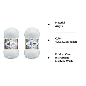 Alize Diva Yarn Hand Knitting Yarn 100% Microfiber Acrylic Yarn Alize Diva Silk Effect Thread Crochet Art Lace Craft Lot of 2 skeins 200gr 767 yds (1055-Sugar White)