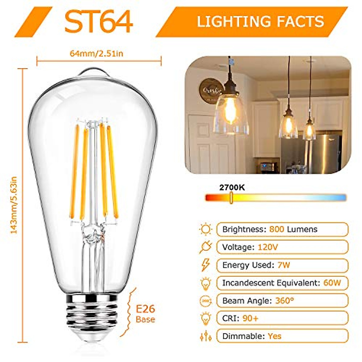 12Packs Vintage LED Edison Bulbs, 60W Equivalent 7W, 800Lumens, Dimmable ST64 Antique LED Filament, Soft Warm White 2700K, E26 Medium Base Light Bulbs High Brightness Clear Glass for Bedroom Office