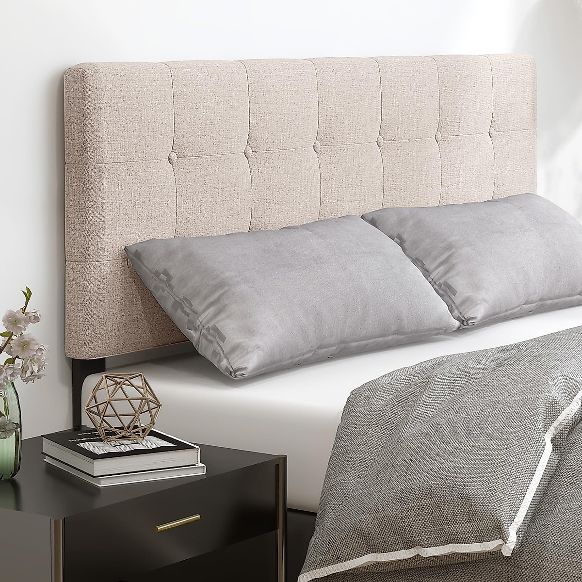 Giantex Linen Upholstered Headboard, Adjustable Width Button Tufted Headboard Only with Solid Wood Legs, Attach Frame, Modern Headboards for Queen Full Size Bed, Beige