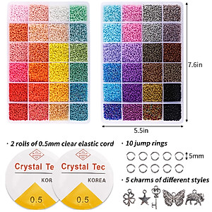 Quefe 44000pcs 2mm Glass Seed Beads for Bracelet Making Kit, 48 Colors Small Beads, Craft Beads Kit for Jewelry Making, with 2 Storage Boxes, Charms, Jump Rings and Clear Elastic String Cord