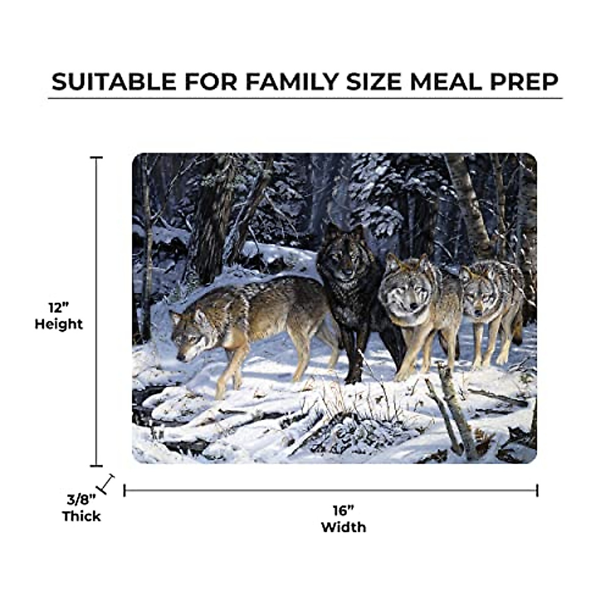 Rivers Edge Products Large 12in x 16in Decorative Tempered Glass Cutting Board, Hypoallergenic, Non Slip, Textured Surface Chopping Board for Kitchen, Pack of Wolves in the Snowy Woods, Wolf