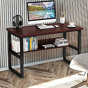 Modern Standing Desk Executive Desk Modern Style Computer Desk with 1 Shelves for Home and Office Industrial Morden Writing Table for PC Laptop Stand Up Side Table (Wine, One Size)