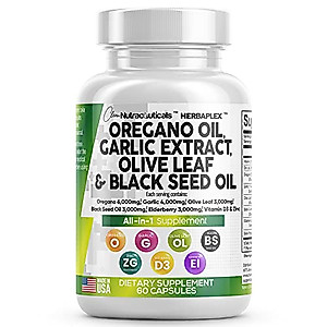 Oregano Oil 6000mg Garlic Extract 4000mg Olive Leaf 3000mg Black Seed Oil 3000mg - Immune Support & Digestive Health Supplement for Women and Men with Vitamin D3 and Zinc - Made in USA 60 Caps