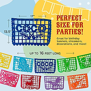 TexMex Fun Stuff 16 Ft Coco Movie Papel Picado Plastic (10 Extra Large Panels) Fiesta Party Decorations, Mexican Party Banners, Plastic Day of The Dead Banner, Cinco de Mayo Decorations Coco Theme