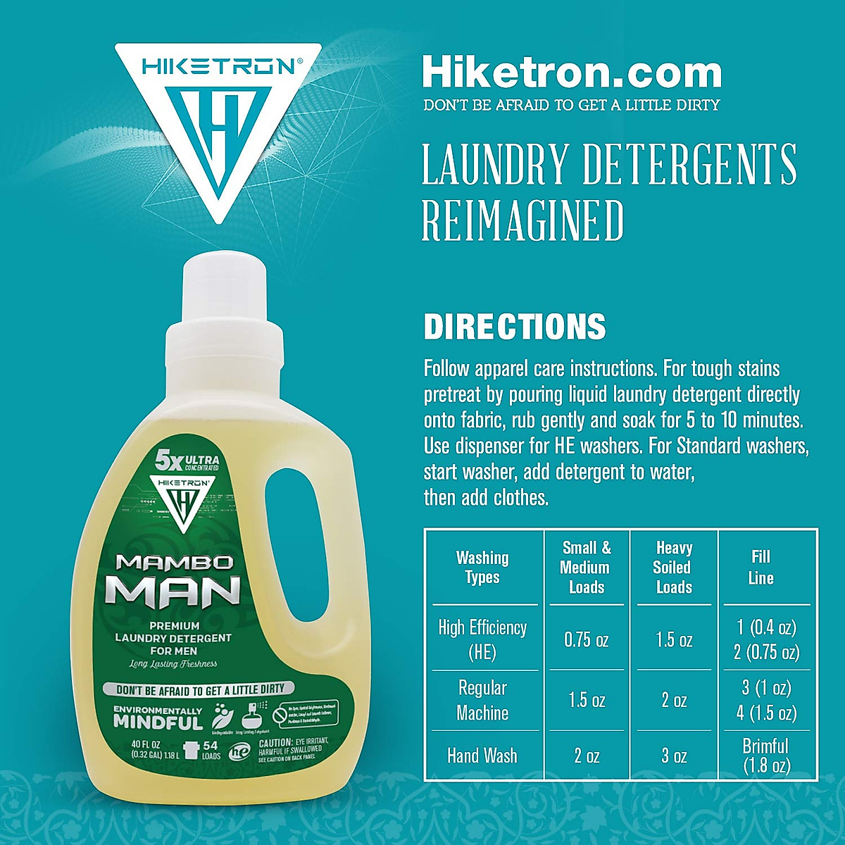 Hiketron Mambo Man Laundry Liquid Detergent, 5x Ultra Concentrated, Tough Stains Remover, Long Lasting Masculine Scent (40 Fl Oz, Pack of 1)