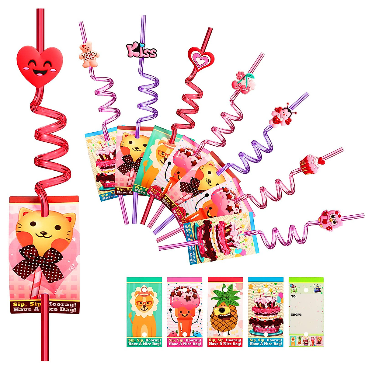 Valentines Day Party Favors Bulk 24 Drinking Straws + 30 Cards for Kids Valentine's Classroom Exchange Prizes Party Supplies with 2 PCS Cleaning Brushes