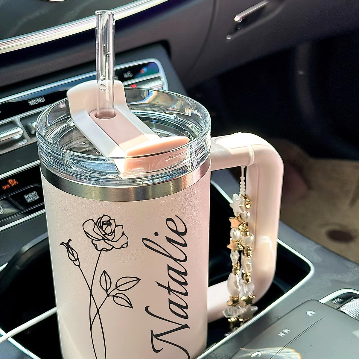 Personalized 40 Oz Tumbler with Handle and Straw, Custom Stainless Steel Insulated Tumbler with Name and Engraved Birth Month Flower, Travel Coffee Mug Personalized Gifts for Women and Girls