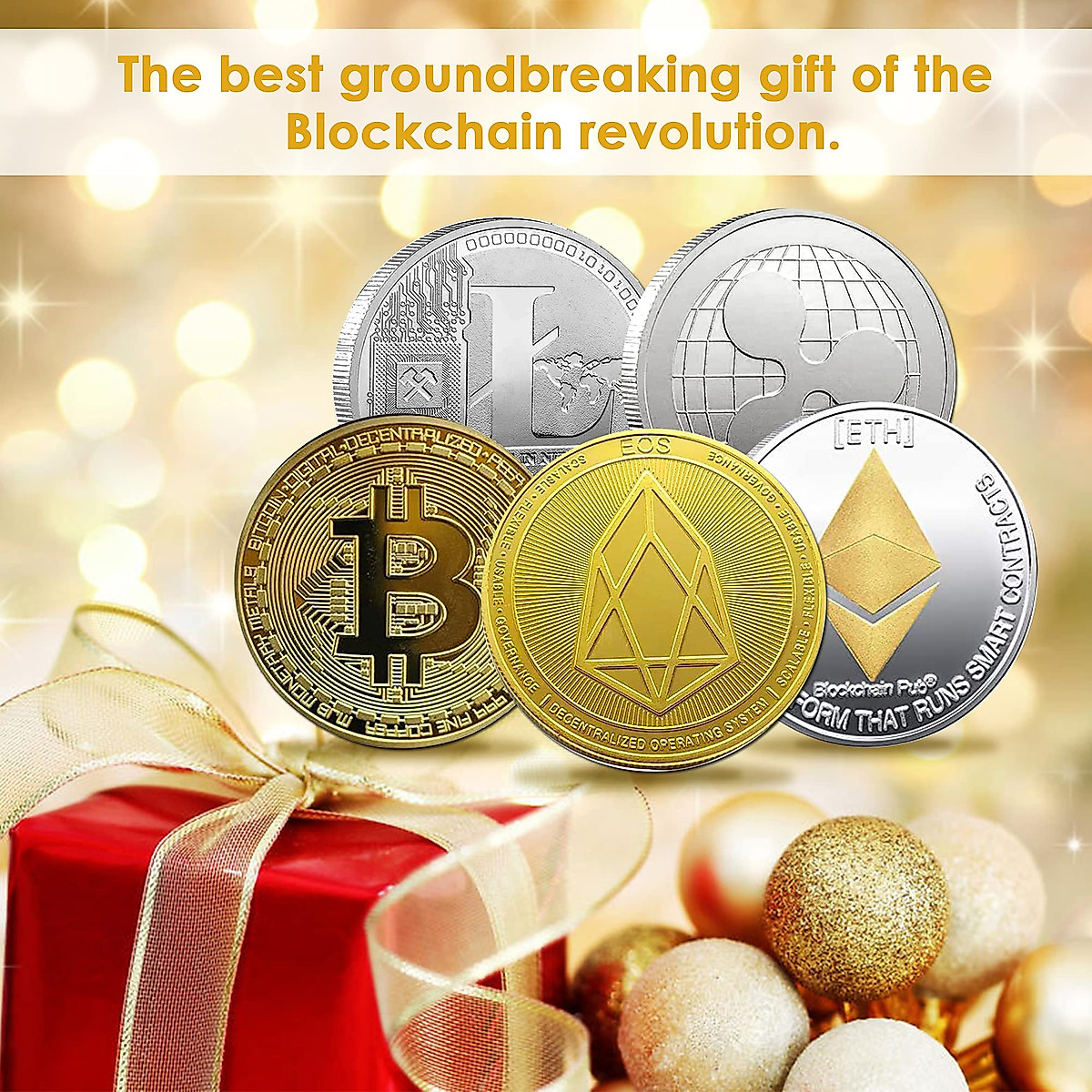 Neatbuddy 5PC Bitcoin Coin Collector Physical Cryptocurrency Gift Set, Bitcoin (BTC), Ethereum (ETH), Litecoin(LTC), Ripple (XRP),Eos (EOS),Gold and Silver Color