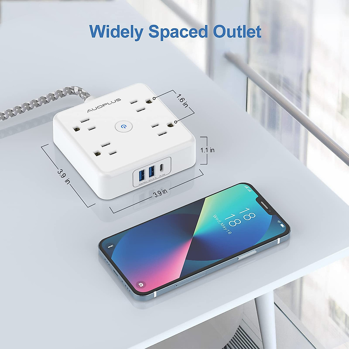 AUOPLUS Surge Protector Power Strip - 4 Widely Outlets with 3 USB Ports(1 USB C Outlet/PD 20W), Outlet Extender with 5FT Braided Extension Cord, Wall Mount for Travel Home Office, Dorm Essentials