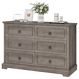 HOSTACK 6 Drawer Double Dresser, Modern Farmhouse Chest of Drawers, Wide Dressers Organizer, Accent Wood Storage Cabinet for Living Room, Hallway, Ash Grey