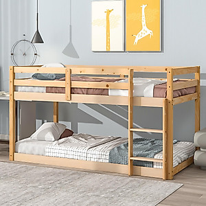 CNANXU Twin Low Bunk Bed,Twin Loft Bed with Ladder for Boys and Girls, Wood Loft Bed Twin Over Twin Bunk Bed Frame with Full Length Guardrail Multifunctional Design,Wooden Slat Support (Natural)