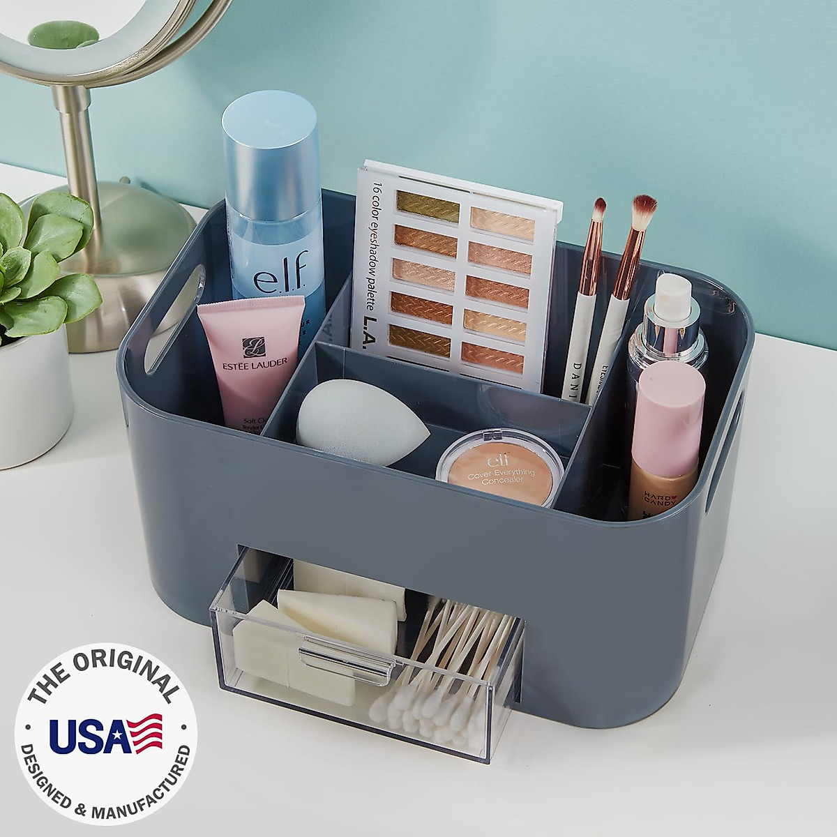 STORi Bliss 4-Compartment Plastic Vanity Organizer with Small Accessory Drawer in Grey | Rectangular Makeup, Skincare, & Cosmetic Storage Bin with Pass-Through Handles | Made in USA