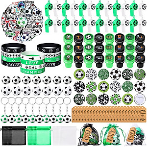 Aoriher 266 Pcs Soccer Party Favors Sports Party Supplies Gifts Set Stress Ball Stickers Whistle Keychain Bracelet Erasers Badges Organza Bags Thank You Tags