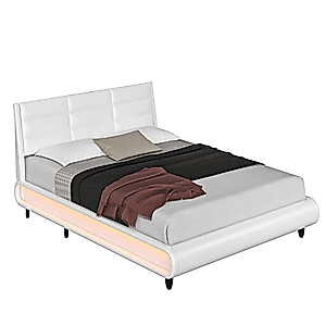 HOSTACK Queen Size Upholstered Bed Frame with Smart LED, PU Low Profile Sleigh Platform Bed with Adjustable Headboard, Modern Mattress Foundation with Wood Slats, Lights Sync With Music (White, Queen)
