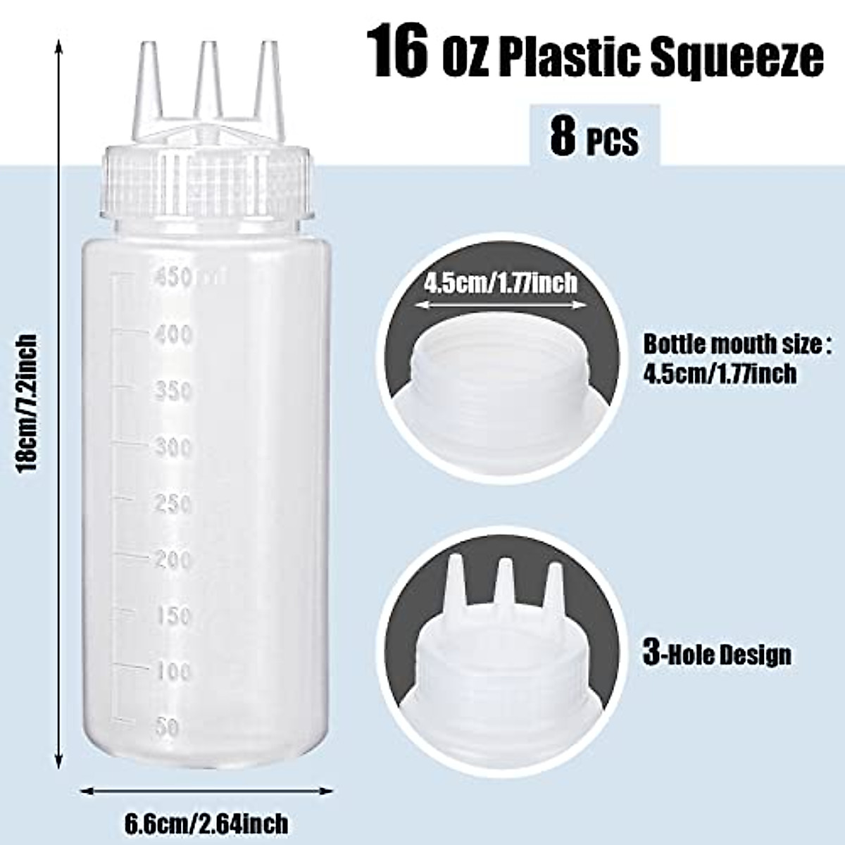 Dingion 8 Pcs 3 Hole Squeeze Bottles 16 oz Plastic Condiment Salad Dressing Container Sauces for Ketchup Mustard Seasoning Squeezer Bakery Kitchen Accessories 450 ml