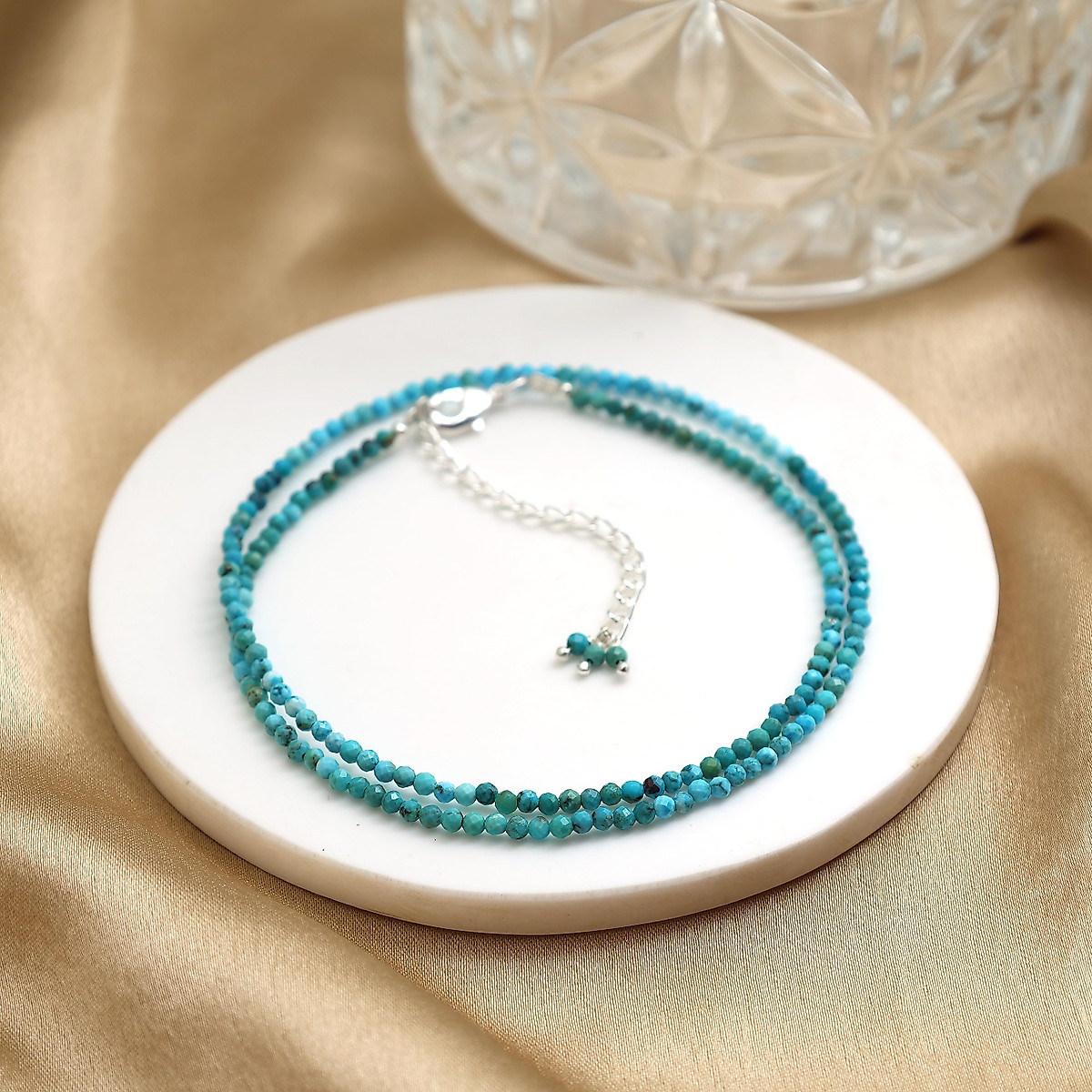 Gempires Genuine Turquoise Beads Beaded Choker Necklace for Women December Birthstone, 2.4-2.5 mm Faceted Beads With 16 + 2 Inch Adjustable Silver Plated Chain
