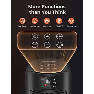 Space Heater, 1500W Space Heaters Efficient Heating with LED Display, 1-24H Timer, ECO, Multiple Protection, 60° Oscillating Portable Heater Quiet Heating for Garage Home Office Indoor Use