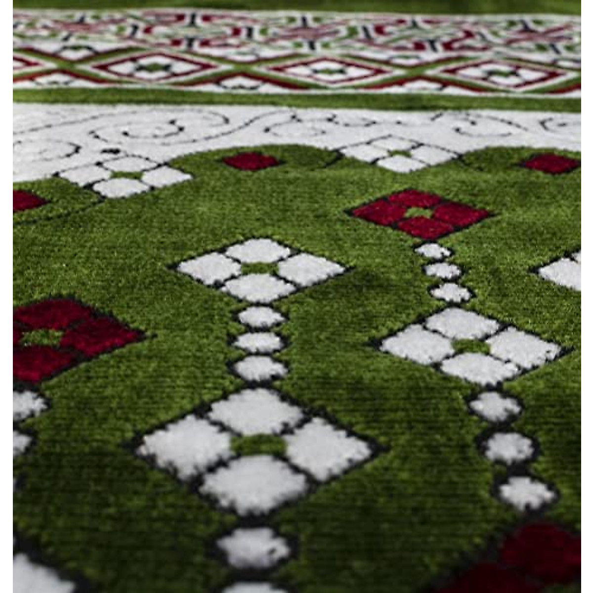 Modefa Turkish Islamic Prayer Rug - Large Group Praying Carpet - Wide Plush Velvet Salah Mat - Multi Person Muslim Janamaz Sajada for Family or Mosque - 12 Person (Vined Arch Green/Red)