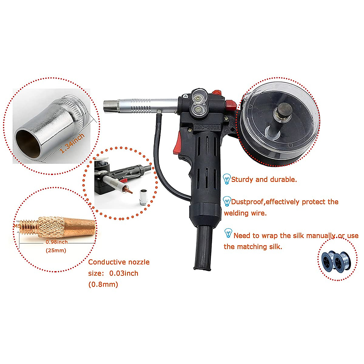 PreAsion 200Amp Euro Aluminum Spool Gun MIG Aluminum Welding Torch Fit Euro Connection MIG Welder Welding Machine with 9.8ft Cable DC24V for Professional Welder