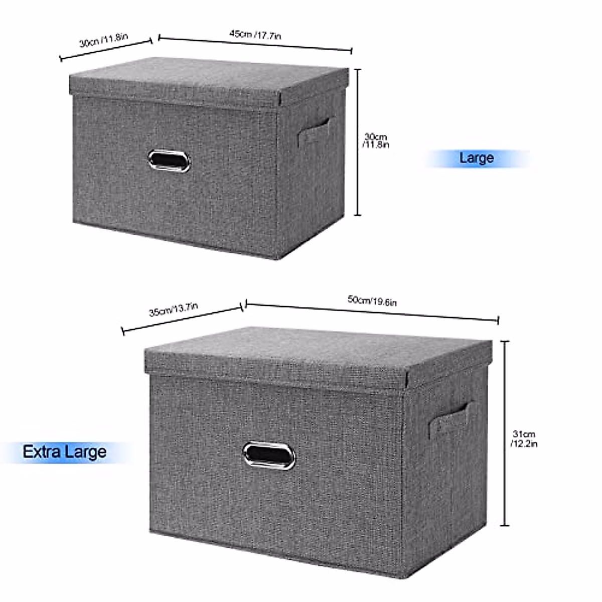 Valease 2-Pack Large Linen Foldable Storage Bins with Removable Lids and Handles, Washable Collapsible Storage Box Containers Baskets Cube with Cover for Bedroom,Closet,Office,Living Room,Nursery (Grey, Large)