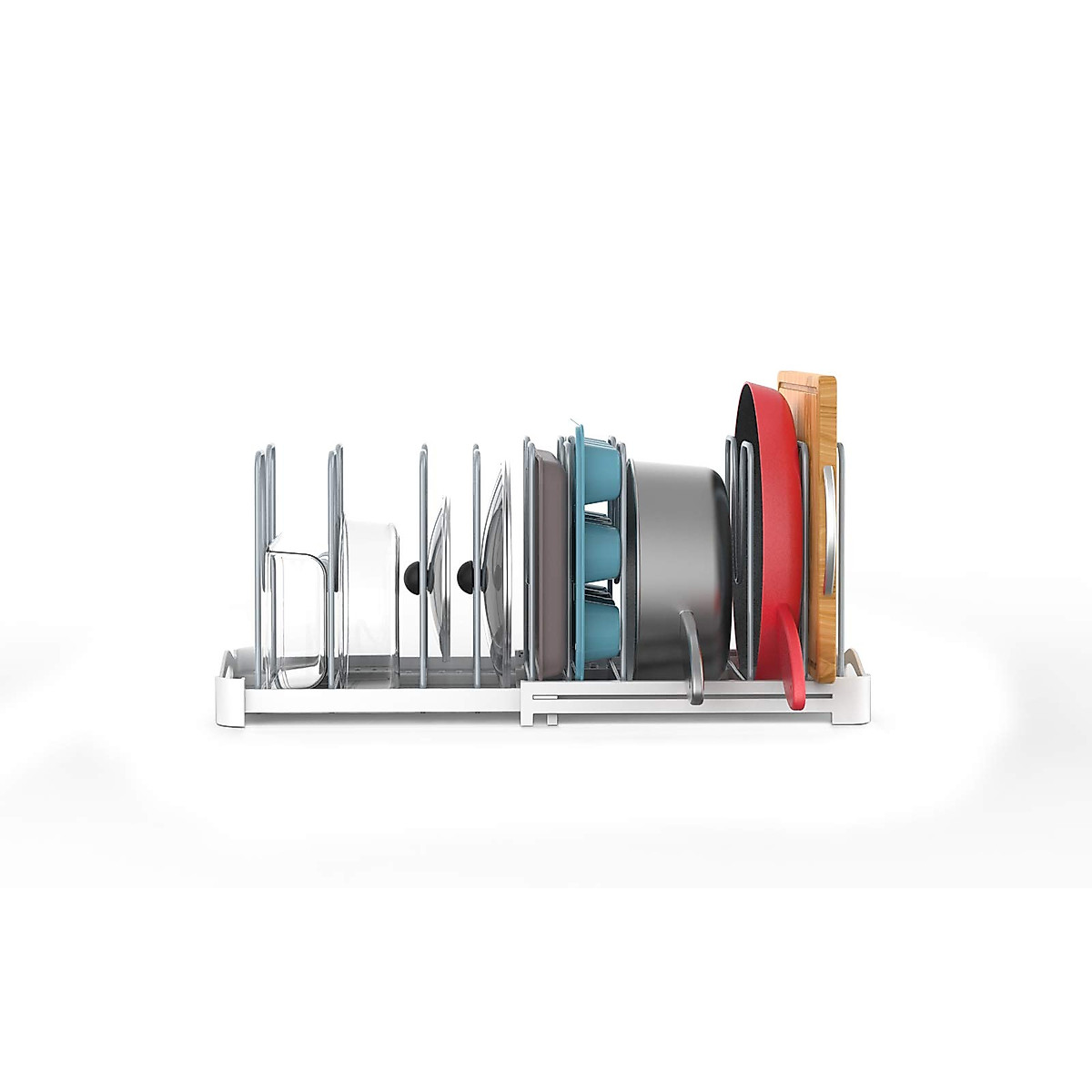 EVERIE Adjustable Bakeware Organizer Pot Lid Holder Rack for Pots, Cake Molds, Cutting Boards, Mats, Cookware, GS02SS