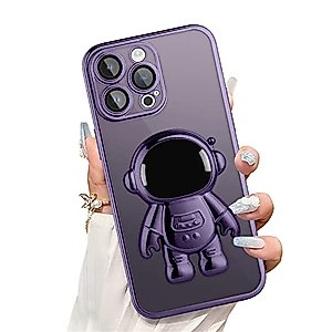 KANGHAR for iPhone 14 Pro Max Case Clear 6D Plating Astronaut Hidden Stand Case for Women Men Camera Lens Cover Soft TPU Shockproof Protective Phone Case for iPhone 14 Pro Max 6.7 Inch - Purple