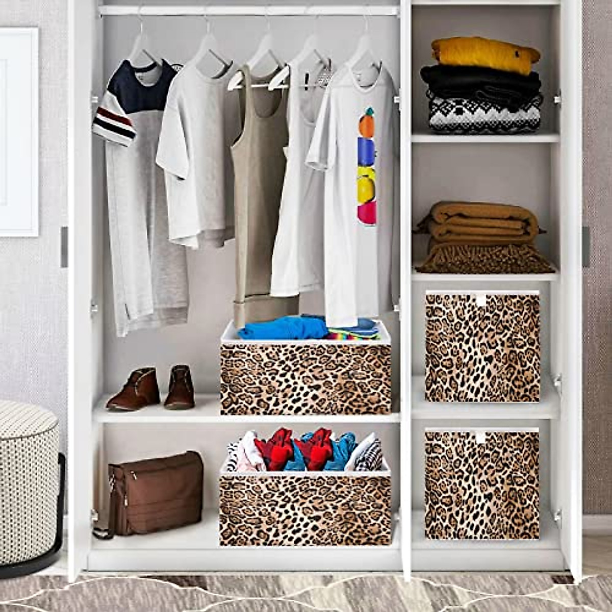 Kigai Foldable Storage Bins Cube,Leopard Print Closet Storage Baskets for Shelves Storage Box Open Storage Bins or Nursery Shelf, Closet, Office 11x11x11in