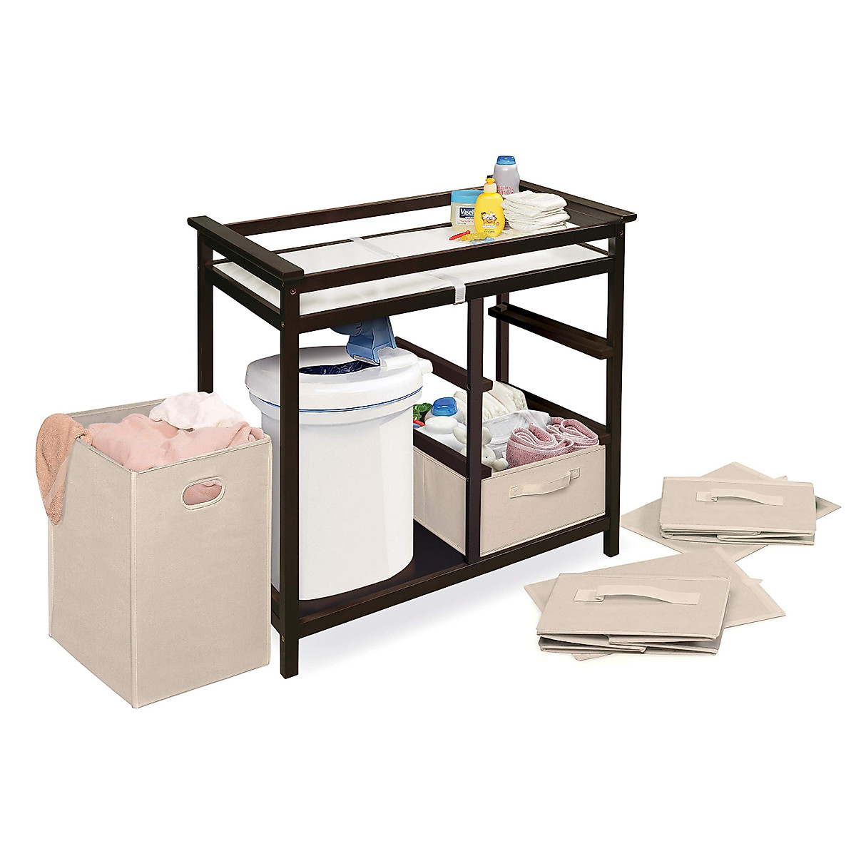 Badger Basket Modern Baby Changing Table with Laundry Hamper, 3 Storage Drawers and Pad, Diaper Change Station - Espresso/Ecru