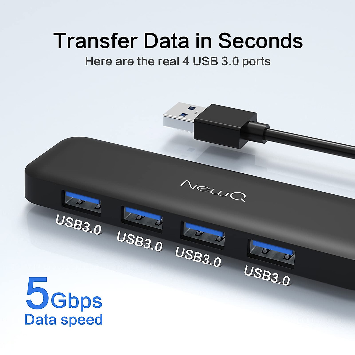 NewQ Small USB Hub for Laptop: 4 USB 3.0 Port Compact Size Mini USB Splitter, 5Gbps Ultra Slim Portable USB Adapter Compatible with MacOS/Windows, Xbox, Flash Drive, Mobile HDD, Keyboard, Mouse etc