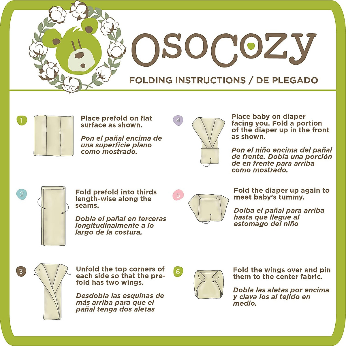 OsoCozy Organic Cotton Prefold Cloth Diapers Traditional Fit Small 4x8x4 Layering (6pk) - Super-Soft, Thick, Absorbent and Durable. Unbleached Natural Color, Fits 7-15 lbs.