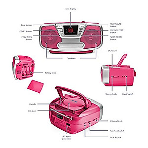 Riptunes CD Player Portable Boombox - Portable Radio AM/FM, Bluetooth Boombox, with Aux-in, Programmable Player, Pink CDB232BT