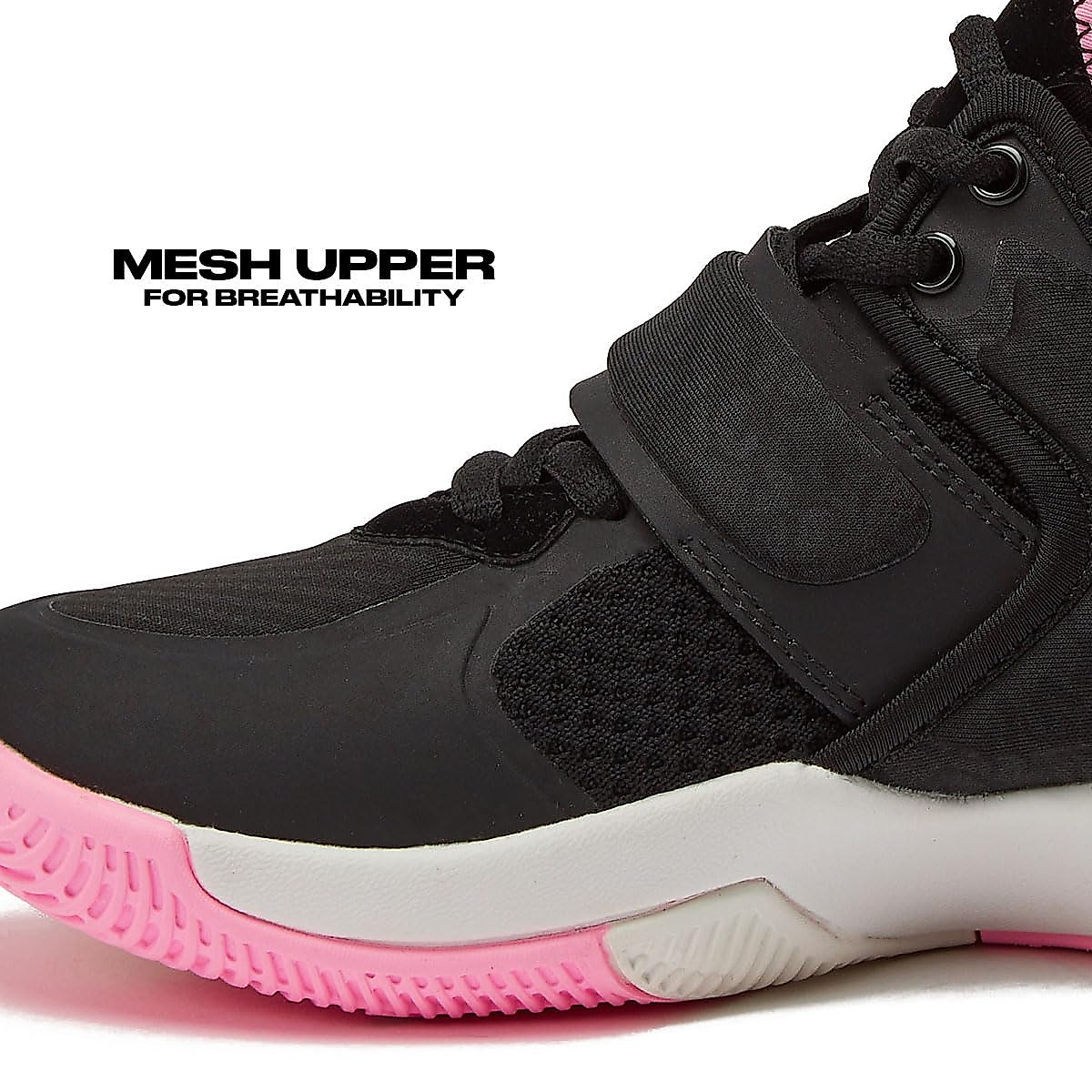 AND1 Gamma 4.0 SS Boys & Girls Basketball Shoes, Kids Youth Cool Basketball Sneakers with Strap - Black/White/Dark Pink, 6 Big Kid