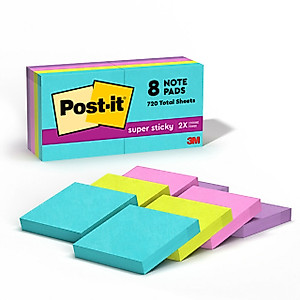 Post-it Super Sticky Notes,2x2 in, 8 Pads, 2x the Sticking Power, Supernova Neons Collection, Recyclable (622-8SSMIA) , 1 7/8" x 1 7/8" , Assorted