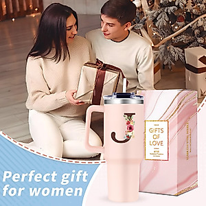 Monogrammed 40oz Tumbler with Handle for Women, Personalized Birthday Gifts for Women,Initial Cups for Girl Floral Letter J,Customized Gifts for Woman Lady Gift for Mothers Day Christmas
