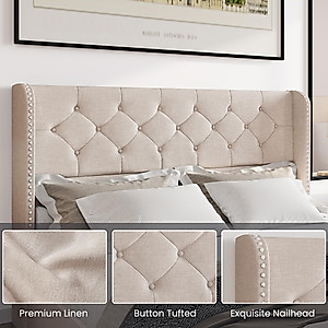 BRELTAM Queen Size Bed Frame with Storage Drawers and Wingback Headboard, Linen Upholstered Platform Bed Frame Tufted Beds with Wood Slats, No Box Spring Needed, Beige