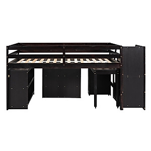 Merax Retractable Writing Desk and 3 Drawers, Wooden Loft Bed with Storage Stairs and Shelves, Espresso