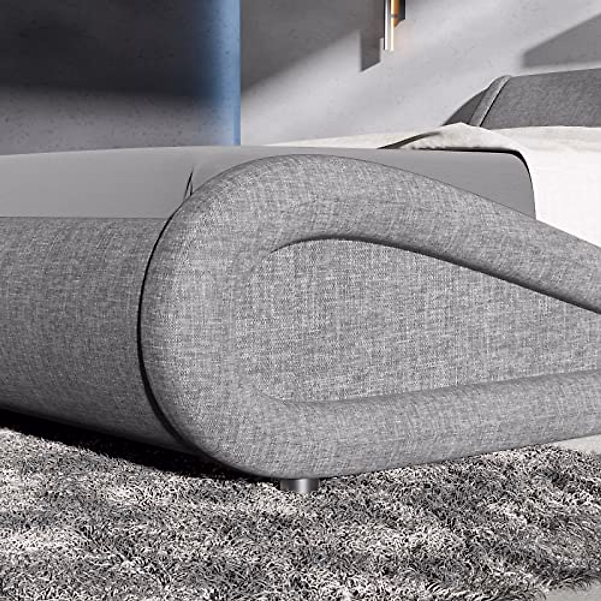 IMUsee Queen Size Bed Frame, Linen Fabric Upholstered Platform Bed with Curved Adjustable Headboard, Mattress Foundation with Wood Slat Support, 10''-12'' Mattress Recommended, Grey